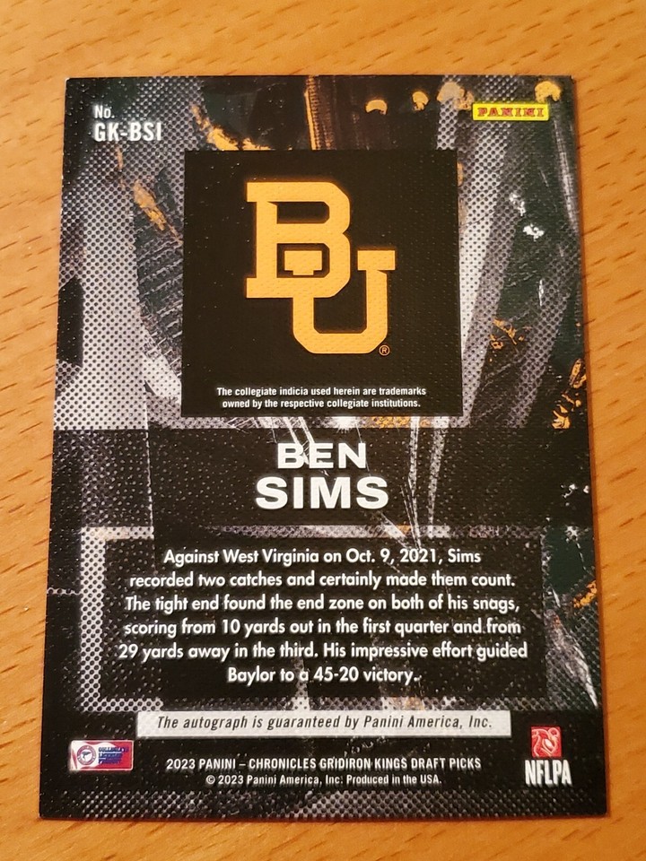 2023 Chronicles Gridiron Kings Rookie Auto Red Ben Sims Baylor #'d 49/ ...