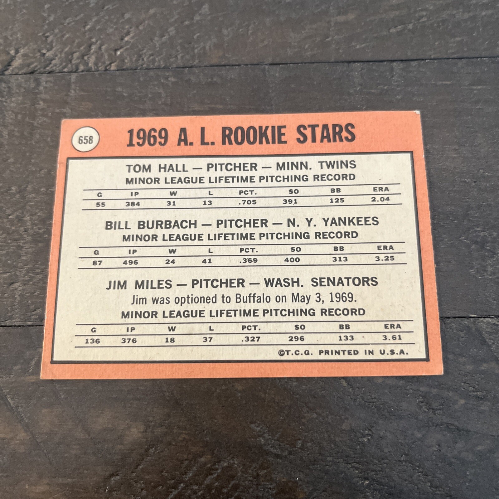 1969 TOPPS A.L. ROOKIE STARS - TOM HALL BILL BURBACH/JIM MILES #658 RC ...