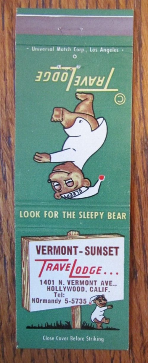 TRAVELODGE HOTEL MATCHBOOK COVER: HOLLYWOOD, CALIFORNIA EMPTY BEAR ...