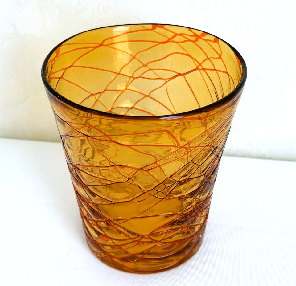 Vintage Murano Style Hand Blown Italian Amber Threaded Art Glass Ice ...