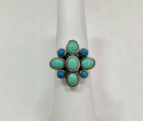 Modern Bali Design Lapis Turquoise Cab Flower Ring Size 6 3/4 Sterling ...