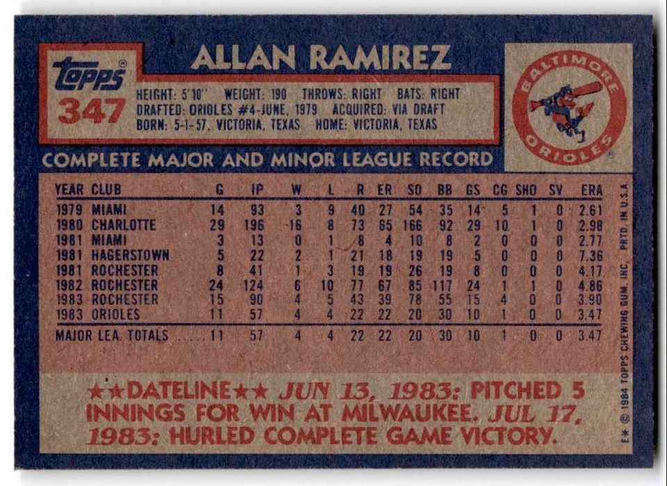1984 Topps Allan Ramirez Rookie Baltimore Orioles #347 | eBay