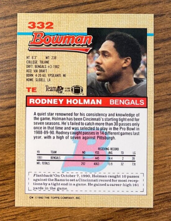 1992 Topps/Bowman Card # 332 Rodney Holman - Cincinnati Bengals | eBay
