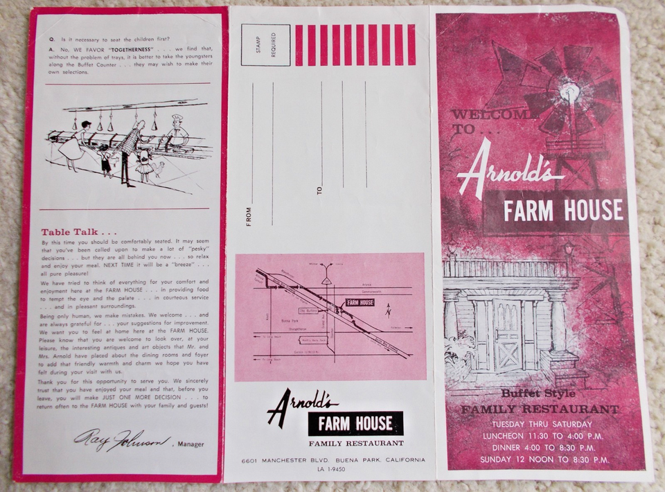 Arnold's Farm House Restaurant - Vintage 1960s Brochure; Buena Park CA ...