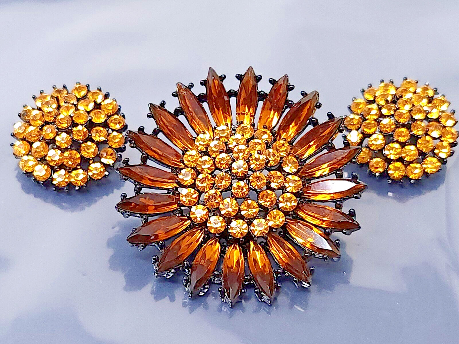 Vintage Kramer Sunflower Orange Rhinestone Black Broo… - Gem