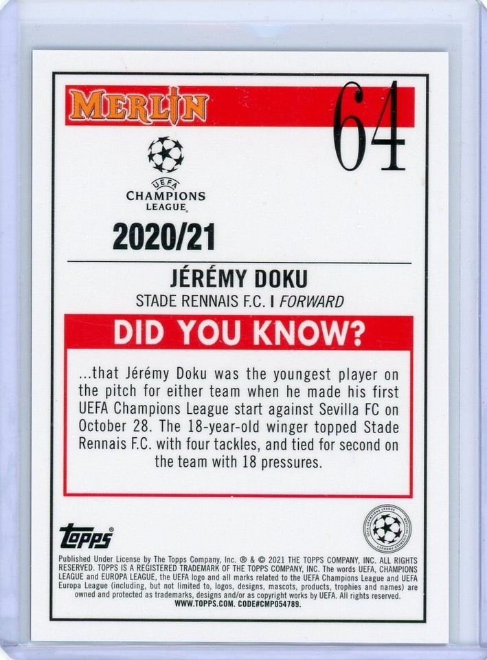 2021 Topps Merlin UEFA Champions League #64 Jeremy Doku Base RC | eBay