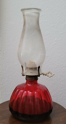 Vintage Oil Lamp Red Glass Base Clear Chimney 15" Tall | eBay