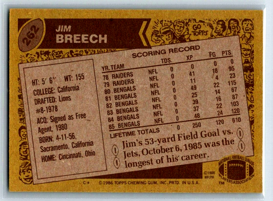1986 NFL Topps Jim Breech #262 Cincinnati Bengals 86-TFBC | eBay