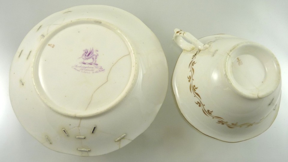 LEAF & BERRY GOLD ROCOCO CUP & SAUCER BY ROCKINGHAM BRAMELD PUCE MARK ...