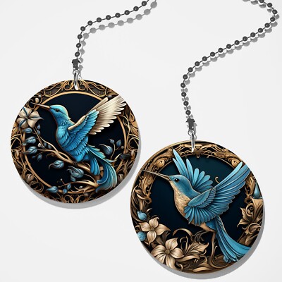 Set of 2 Coordinating Intricate Blue Hummingbird Fan Pull / Light Pull ...