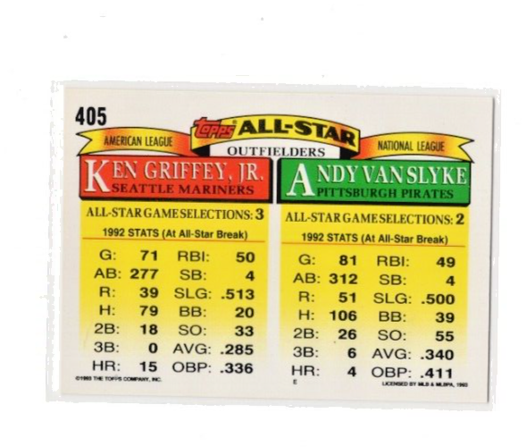 1993 Topps All-Star #405 Ken Griffey Jr. Seattle Andy Van Slyke ...