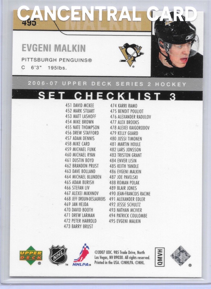 2006-07 Evgeni Malkin Young Guns Checklist #495 Pittsburgh Penguins | eBay