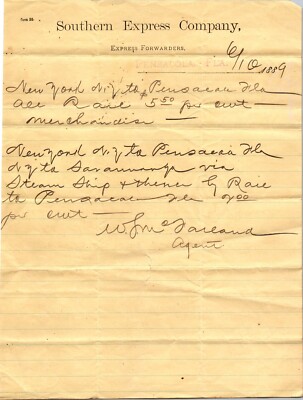 Southern Express Company Document 1889 Express Forwarders Penscola, FL ...
