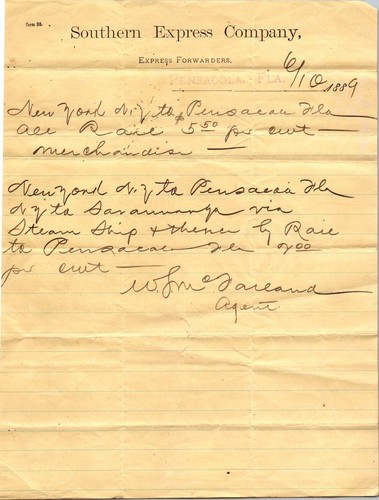Southern Express Company Document 1889 Express Forwarders Penscola, FL ...