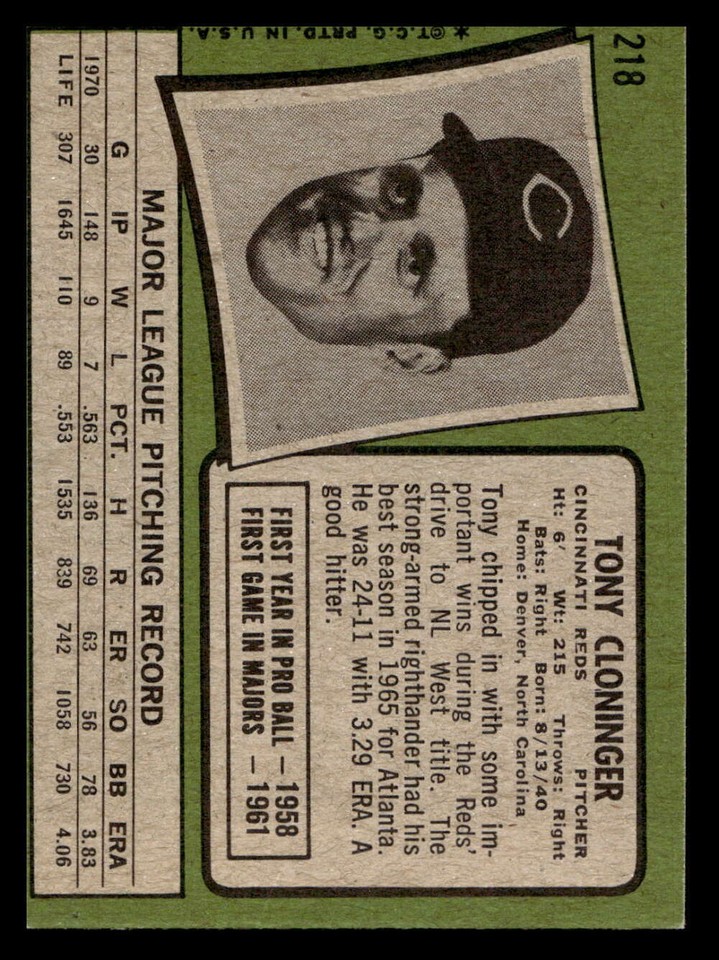 1971 Topps #218 Tony Cloninger Ex-Mint Reds ID:456898 | eBay