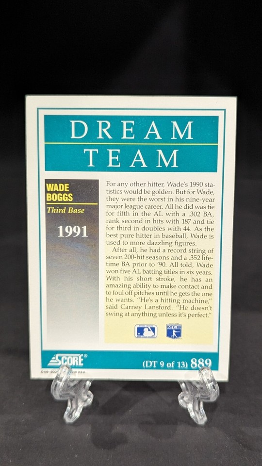 1991 SCORE DREAM TEAM #889 WADE BOGGS Boston Red Sox (HOF) Hall of Fame ...