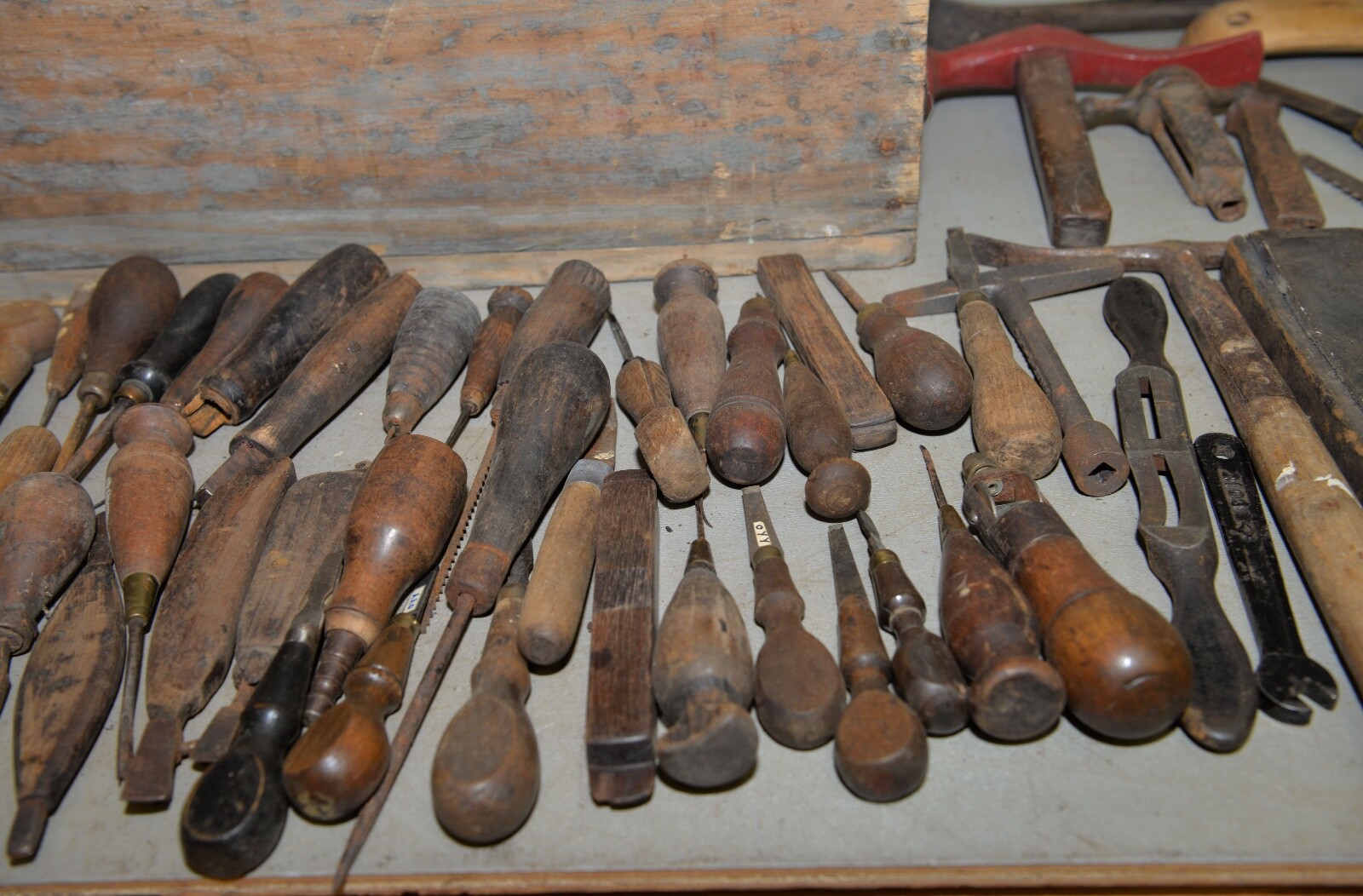 Antique wood chest & huge lot of collectible leather working saddler ...