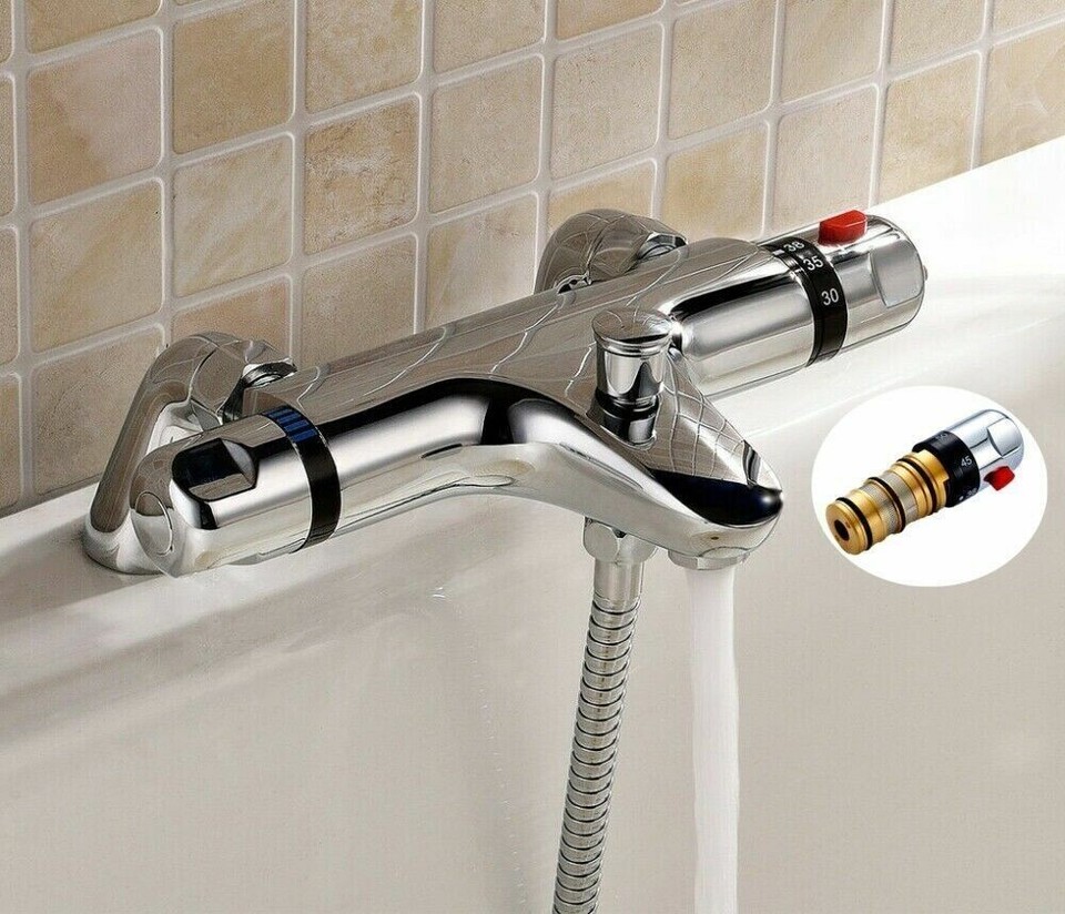 Bath Shower Mixer Thermostatic Valve Tap Dual Square Over Head Bathroom ...
