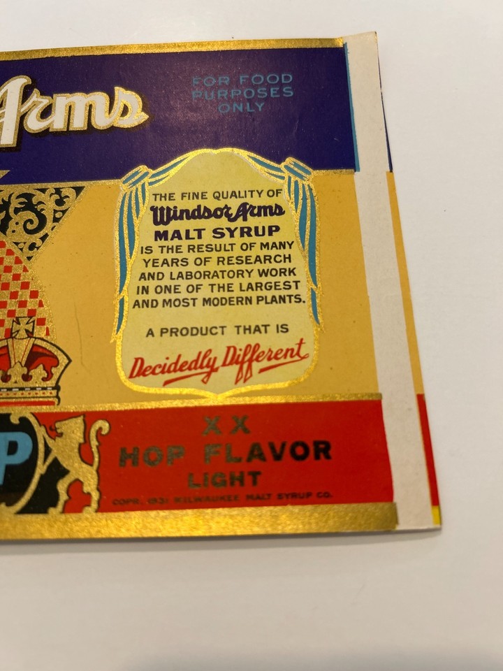 1931 Windsor Arms Malt Syrup Label Milwaukee Malt Syrup Co. Milwaukee ...