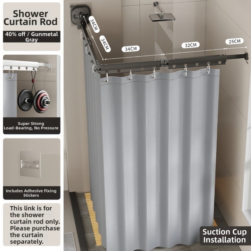 Folding Aluminum Shower Rod with Suction Cups for Modern Bathroom ...