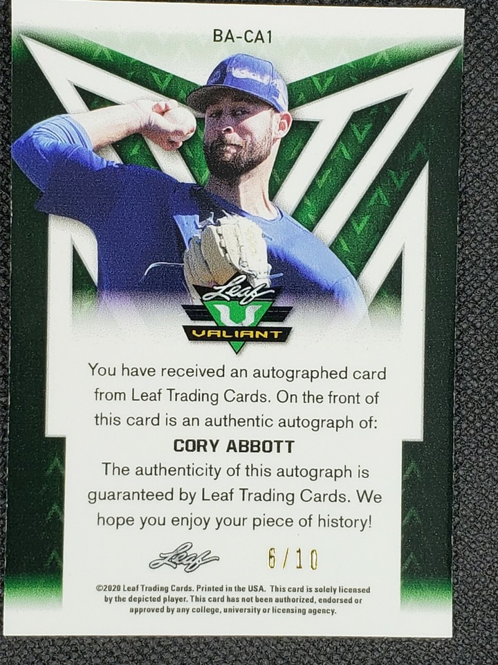 CORY ABBOTT 2020 Leaf Valiant XRC Yellow GOLD Prospect Rookie AUTO #/10 Cubs RC | eBay