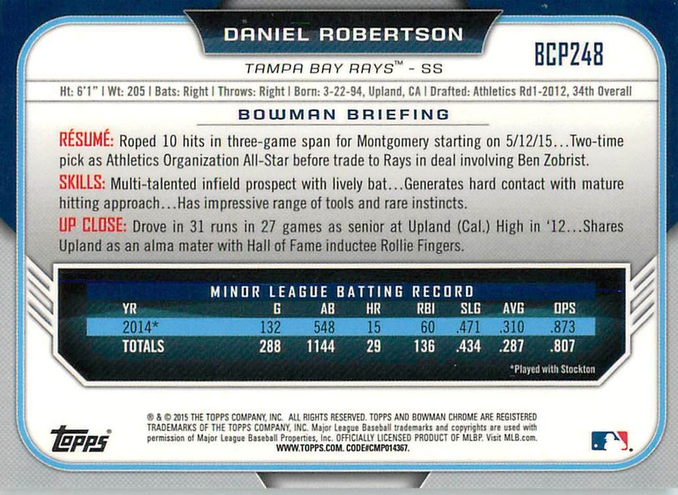 DANIEL ROBERSON 2015 Bowman Chrome ROOKIE RC #BCP248 Rays | eBay