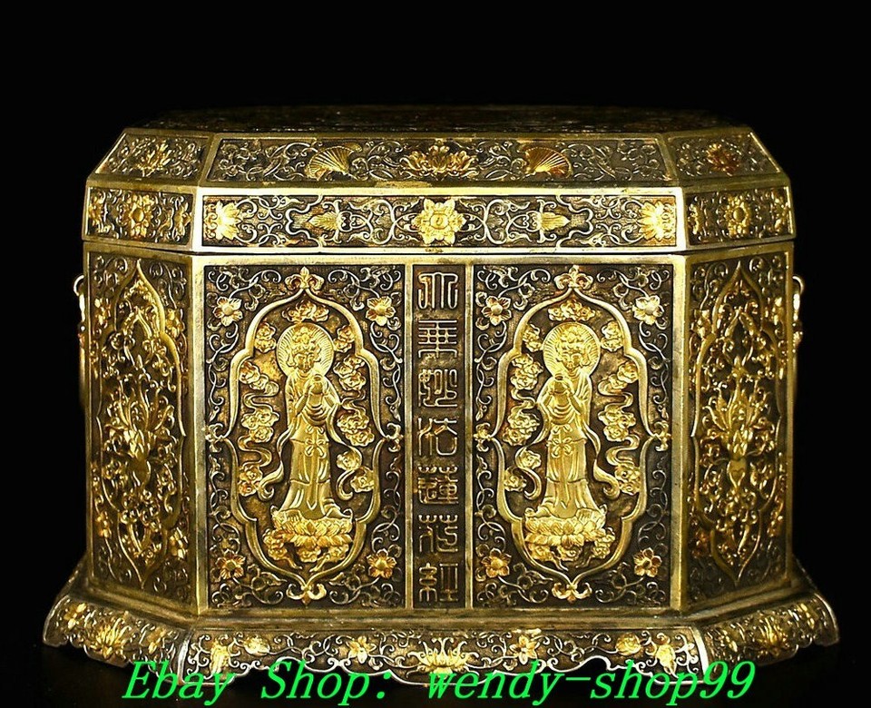 12" Old Copper 24 K Gold Phoenix Guanyin Buddha Buddhist scripture Book ...