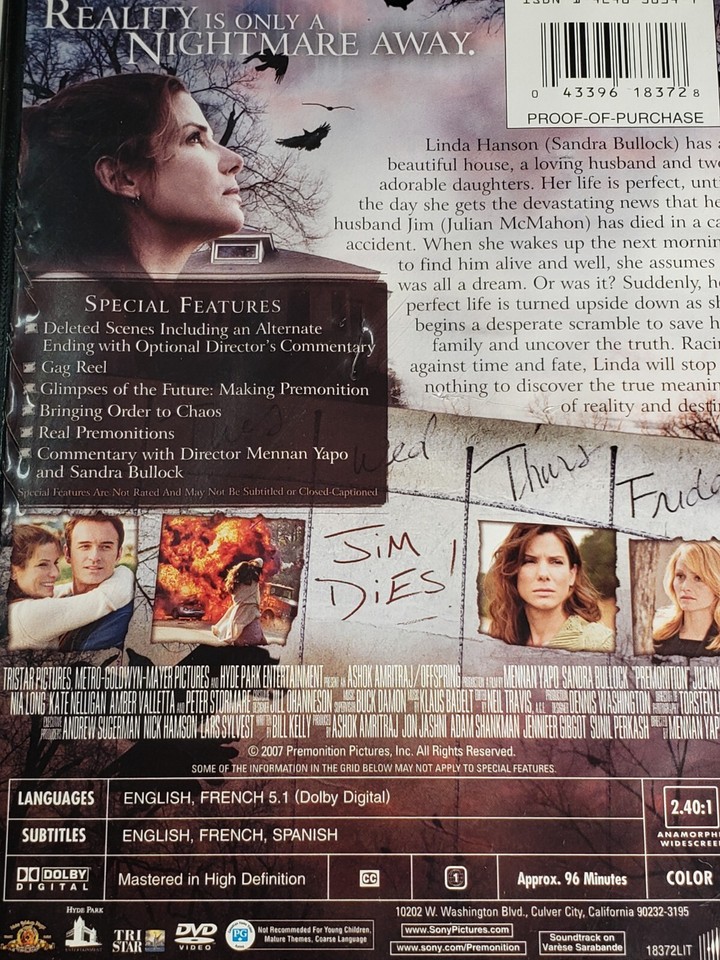 Premonition DVD 2007 Widescreen Sandra Bullock 43396183728| eBay