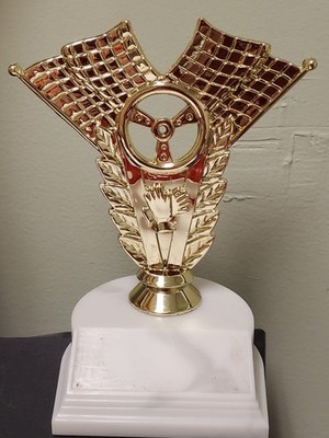 racing, car show, award or trophy winged wheel with flags, 6" tall, w ...
