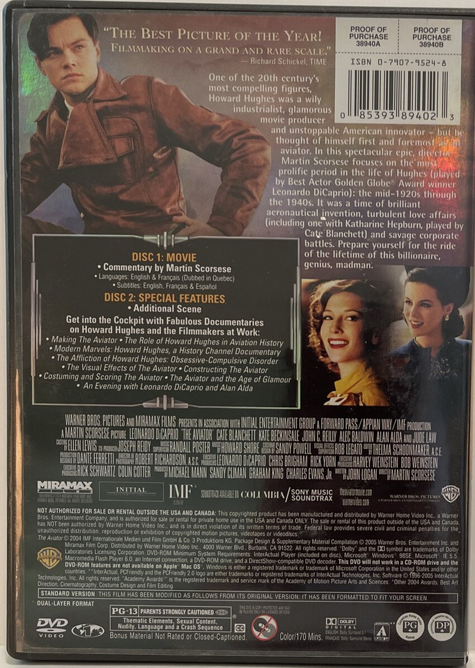 The Aviator: 2005 DVD, 2-Disc Set, Full Screen, Leonardo DiCaprio, Cate ...