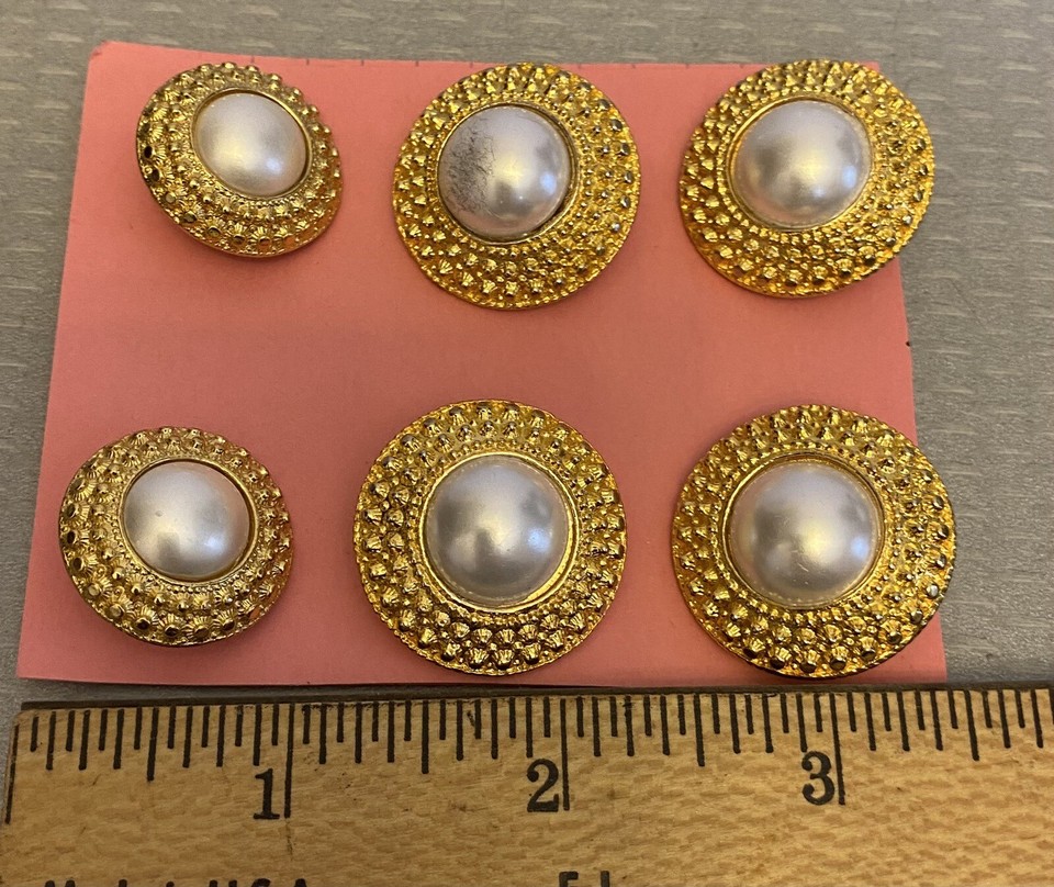 70s vintage Faux Pearl Domed Button Set 6 Goldplated Metal Chunky ...