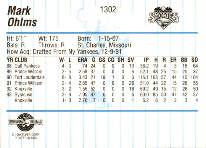 1994 Knoxville Smokies Fleer/ProCards #1302 Mark Ohlms St Charles ...