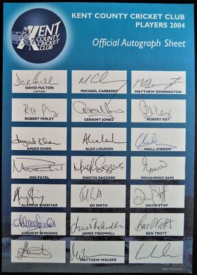 KENT COUNTY CRICKET CLUB 2004 OFFICIAL INK SIGNED AUTOGRAPH TEAM SHEET ...
