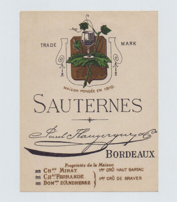FRANCE BORDEAUX SAUTERNES OLD UNUSED WINE LABEL ca. 1900 | eBay