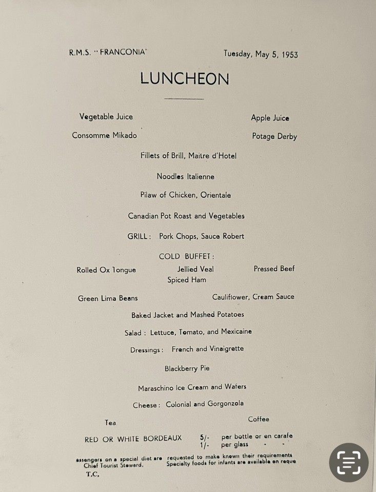 Tuesday May 5, 1953 - Cunard Lines - Ships Menus - RMS Franconia | eBay