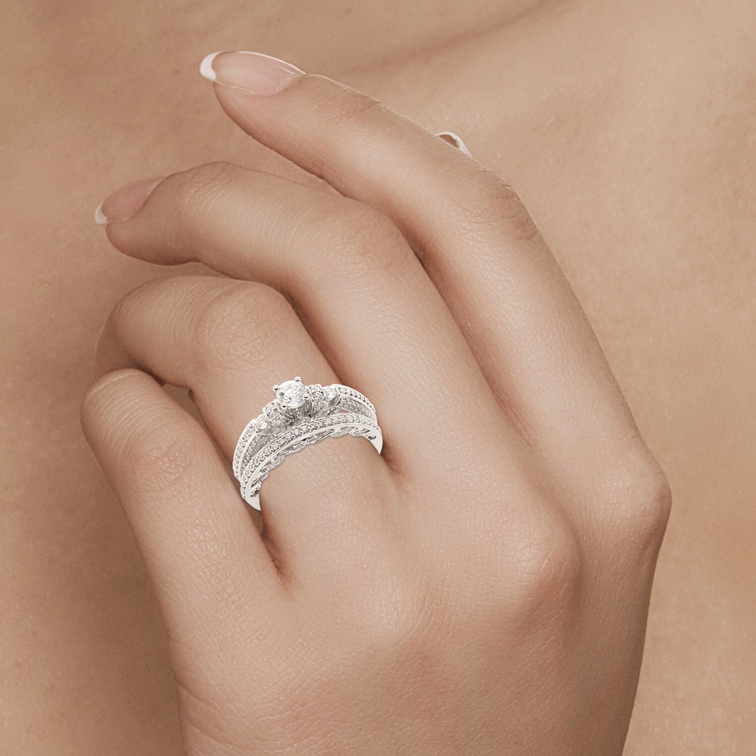 3 CT Round Cut Simulated Diamond Wedding Trio Bridal Ring Set 925 ...