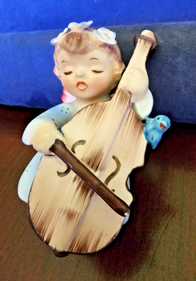 Vintage Lefton Angel Playing Cello W/ Blue Bird Ceramic Figurine Japan ...