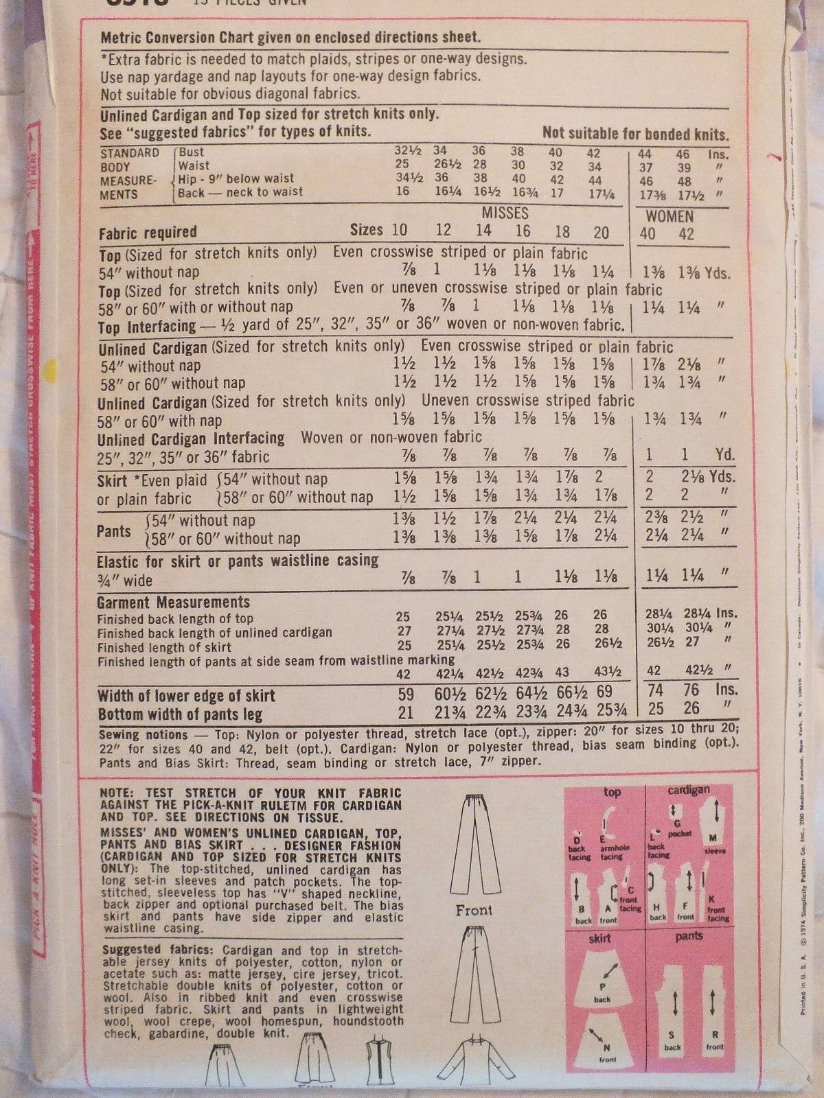 VTG 74 Designer SIMPLICITY 6516 MS Cardigan Top Pants & Bias Skirt ...