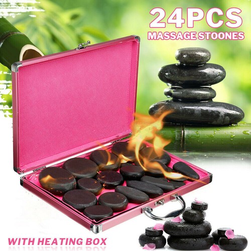 24 PCS SPA Massage Hot Basalt Rock Stones Heating Box Body Therapy Skin ...
