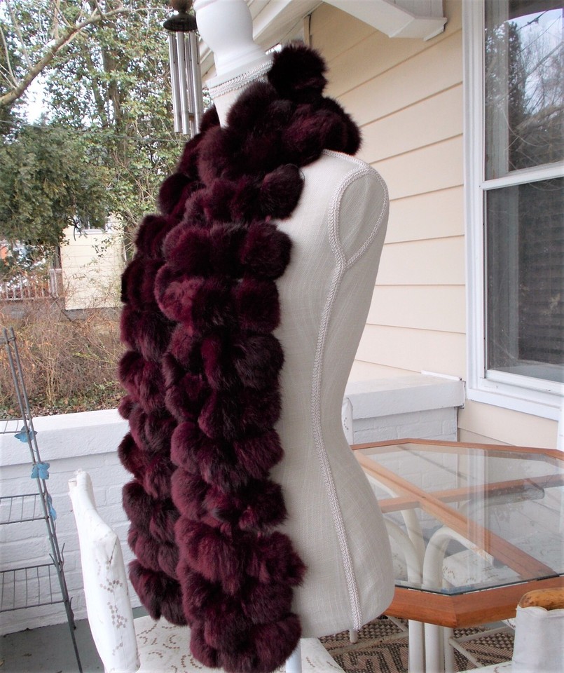 Women's Cejon Deep Dark Red Burgundy Rabbit Fur Ball Scarf 60" Long ...