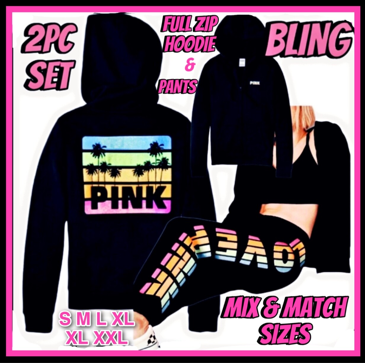 Victoria's Secret Pink Rainbow Glitter Full Zip Hoodie + Pants Set ...