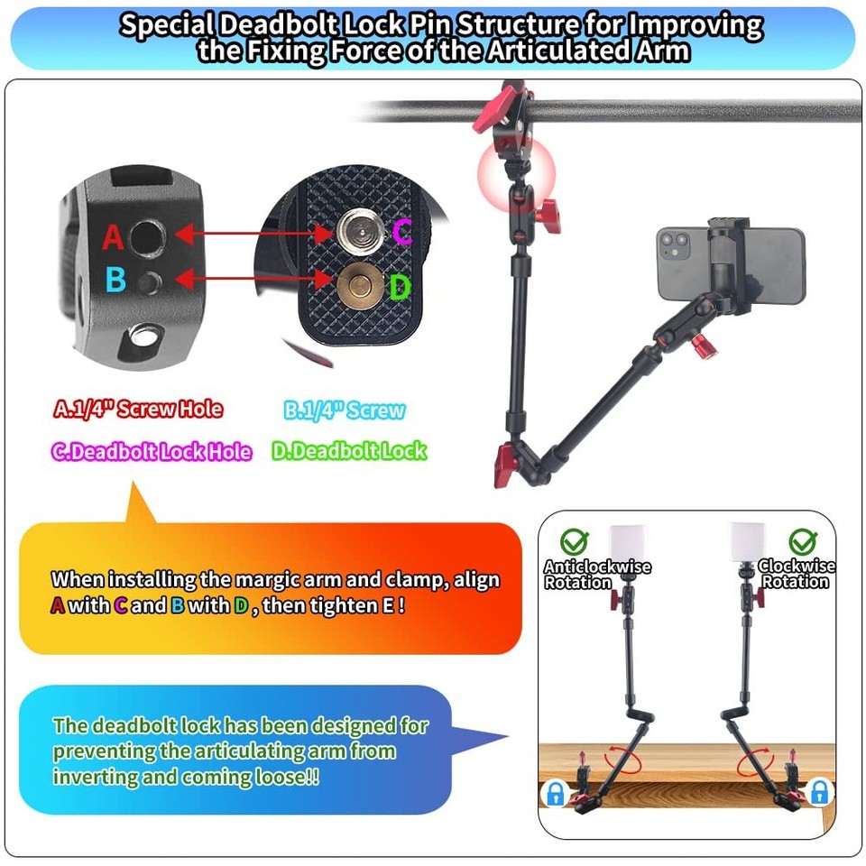 22" Magic Arm w Clamp Mount, Adjustable Articulating Friction Camera ...