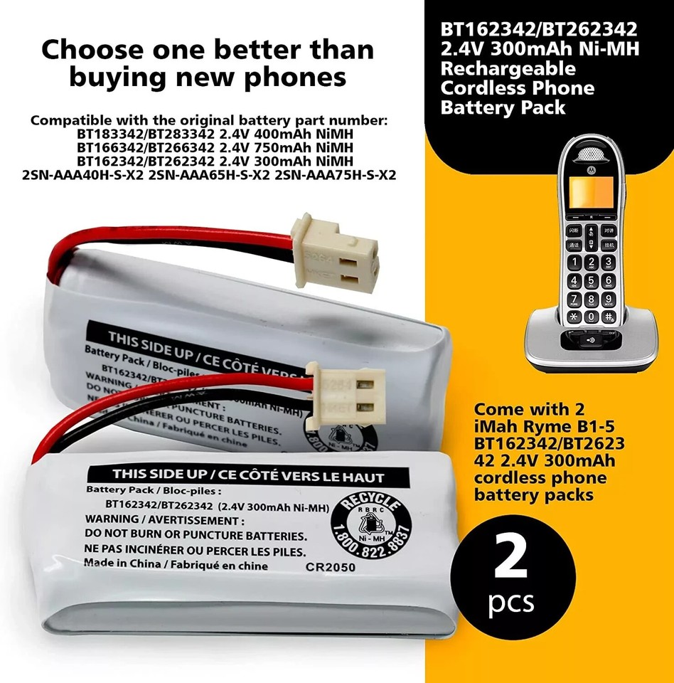 2-Pack Genuine VTech BT162342/BT262342 2.4V 300mAh Cordless Phone ...