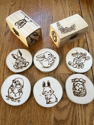 wood burning art pyrography coasters holidays easter bunny eggs real ...
