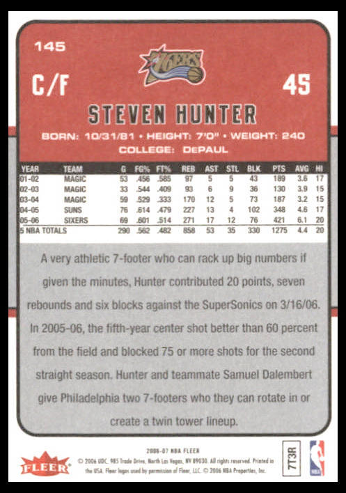 2006 Fleer #145 Steven Hunter Philadelphia 76ers Basketball Card | eBay