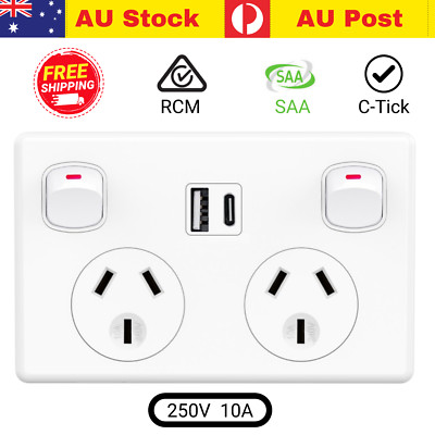 FAST Charge 3.6amp USB & Type-C Double Pole 2 Power Point GPO Wall ...