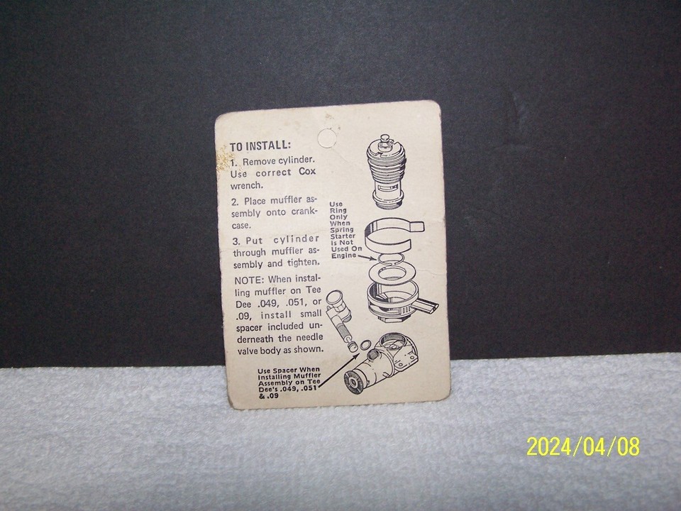 COX .049 - .051 MODEL AIRPLANE ENGINE MUFFLER KIT NEW / FACTORY SEALED ...