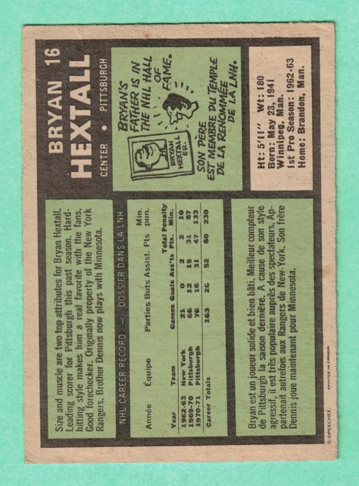 (1) BRYAN HEXTALL 1971-72 O-PEE-CHEE # 16 PENGUINS GOOD CARD (I6113) | eBay