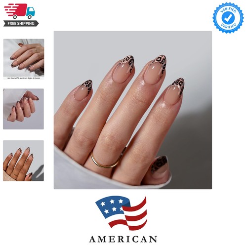 Press On Nails Short - Lamp-Curable Leopard French Tip Almond Press On ...