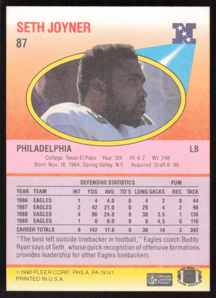1990 Fleer #87 Seth Joyner | eBay